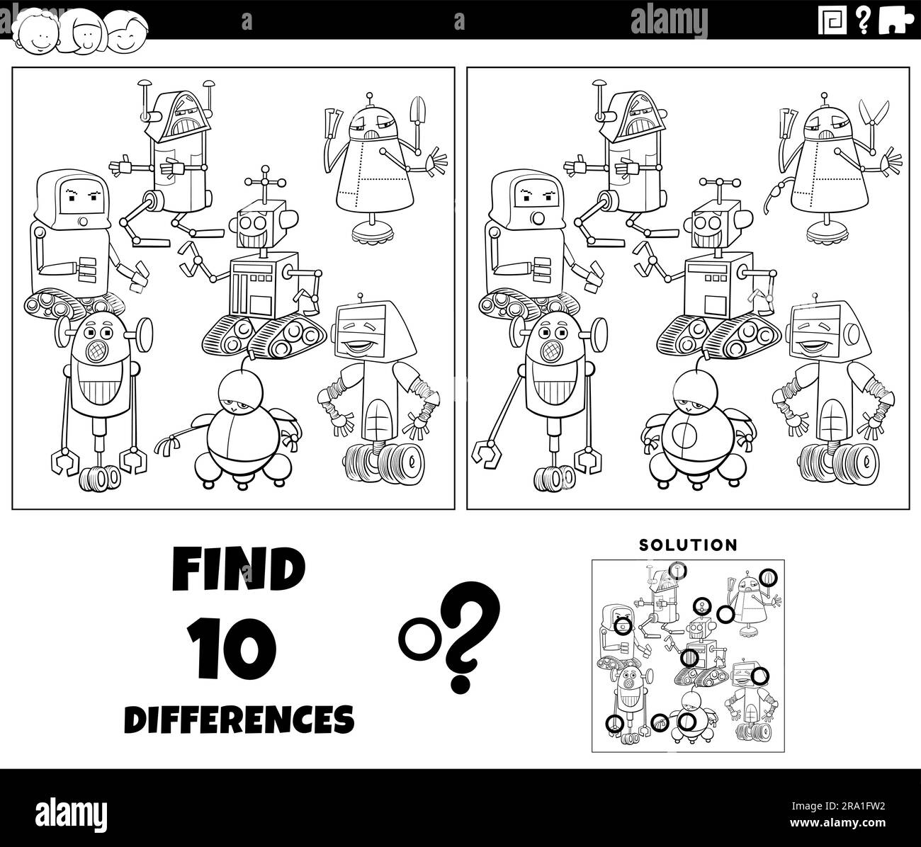 Black and white cartoon illustration of finding the differences between pictures educational ...
