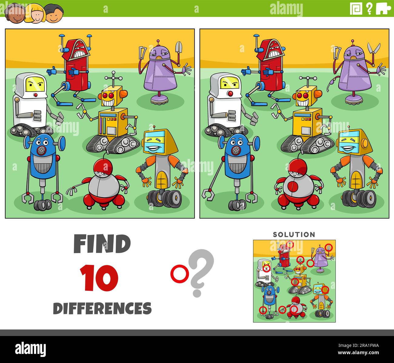 Cartoon illustration of finding the differences between pictures educational task with robots ...