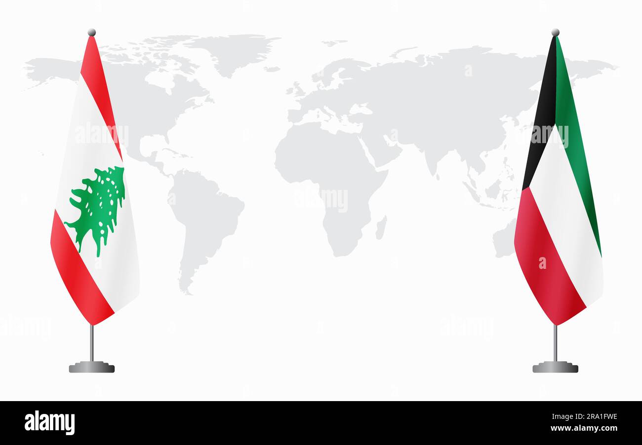 Lebanon and Kuwait flags for official meeting against background of ...