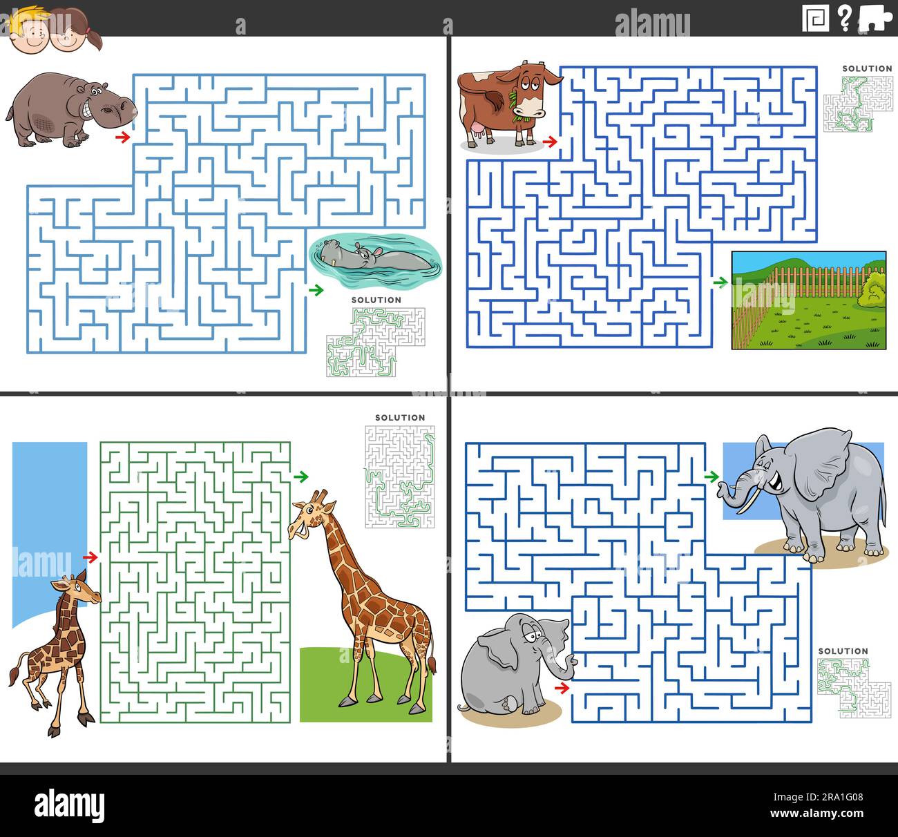 Cartoon illustration of educational maze puzzle activities set with ...