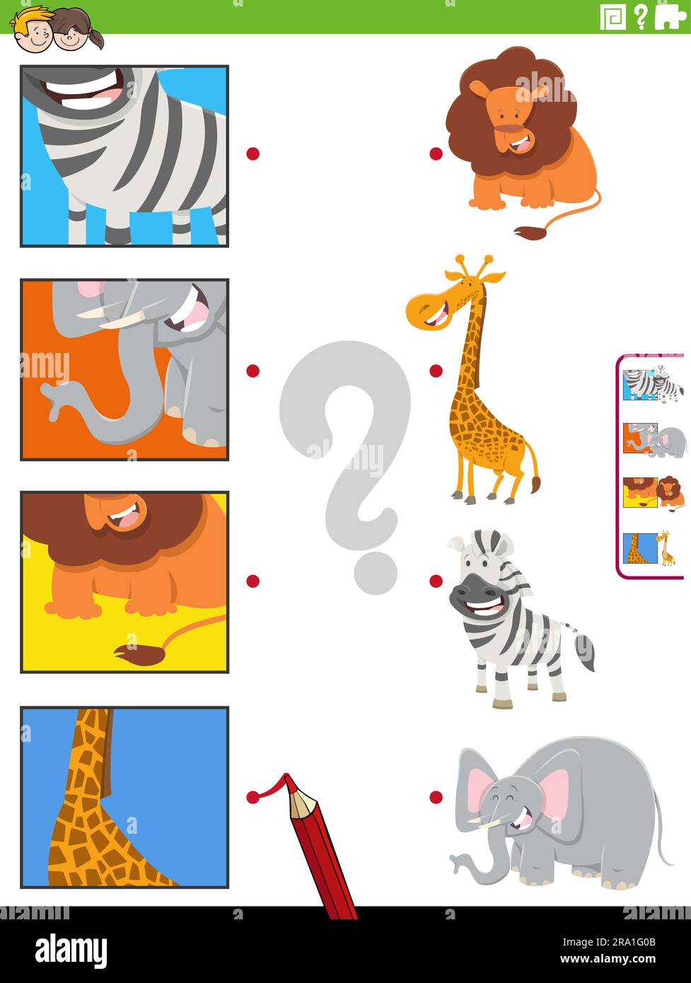 Cartoon illustration of educational matching activity with animal ...