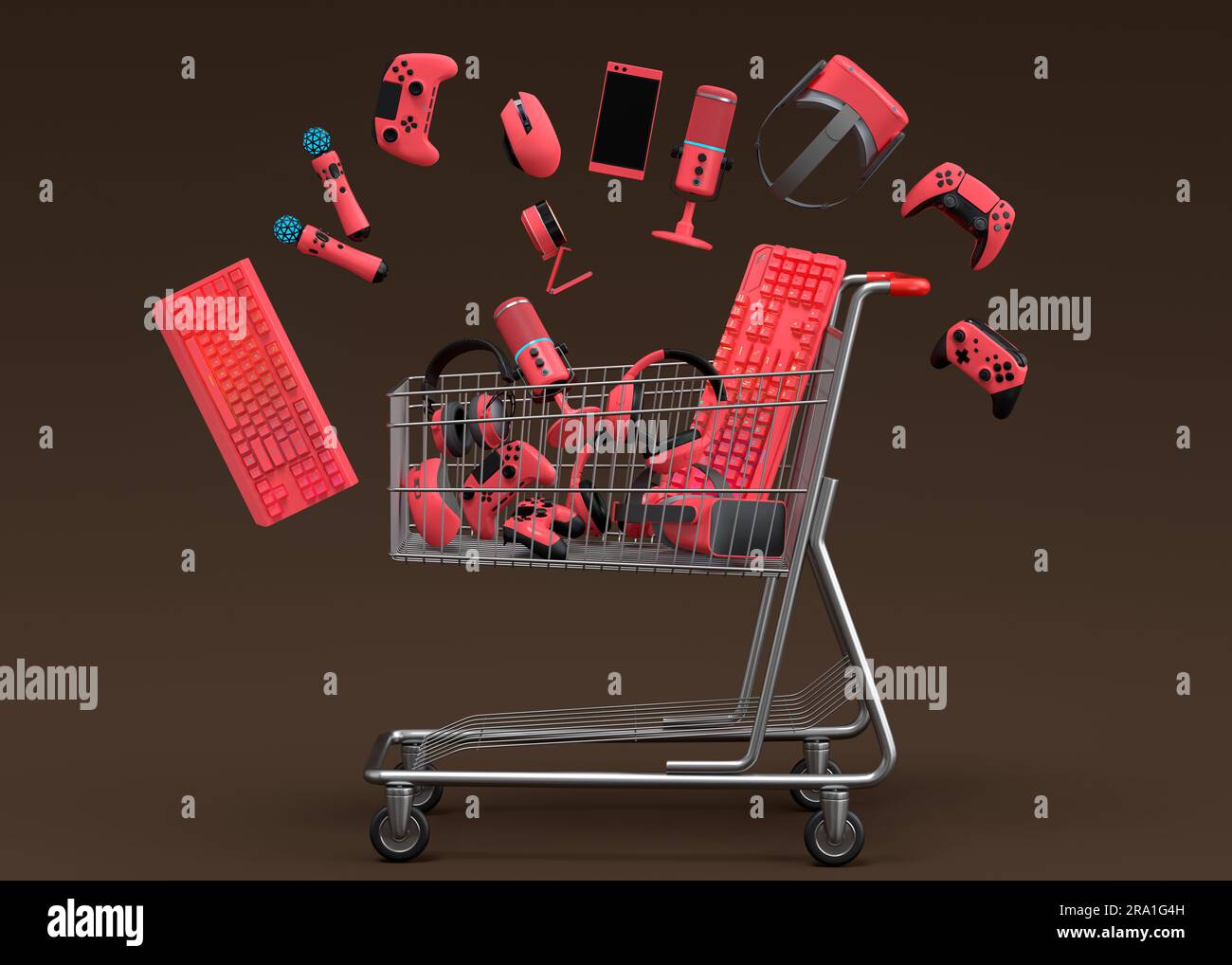 Flying gamer gears like mouse, keyboard, joystick, headset, VR Headset ...