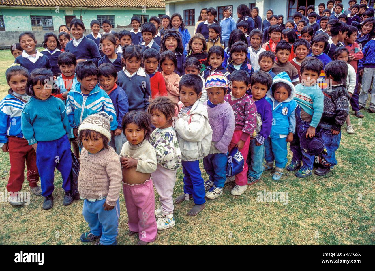 Peru, Children of Cusco regional primary school stand in line before ...