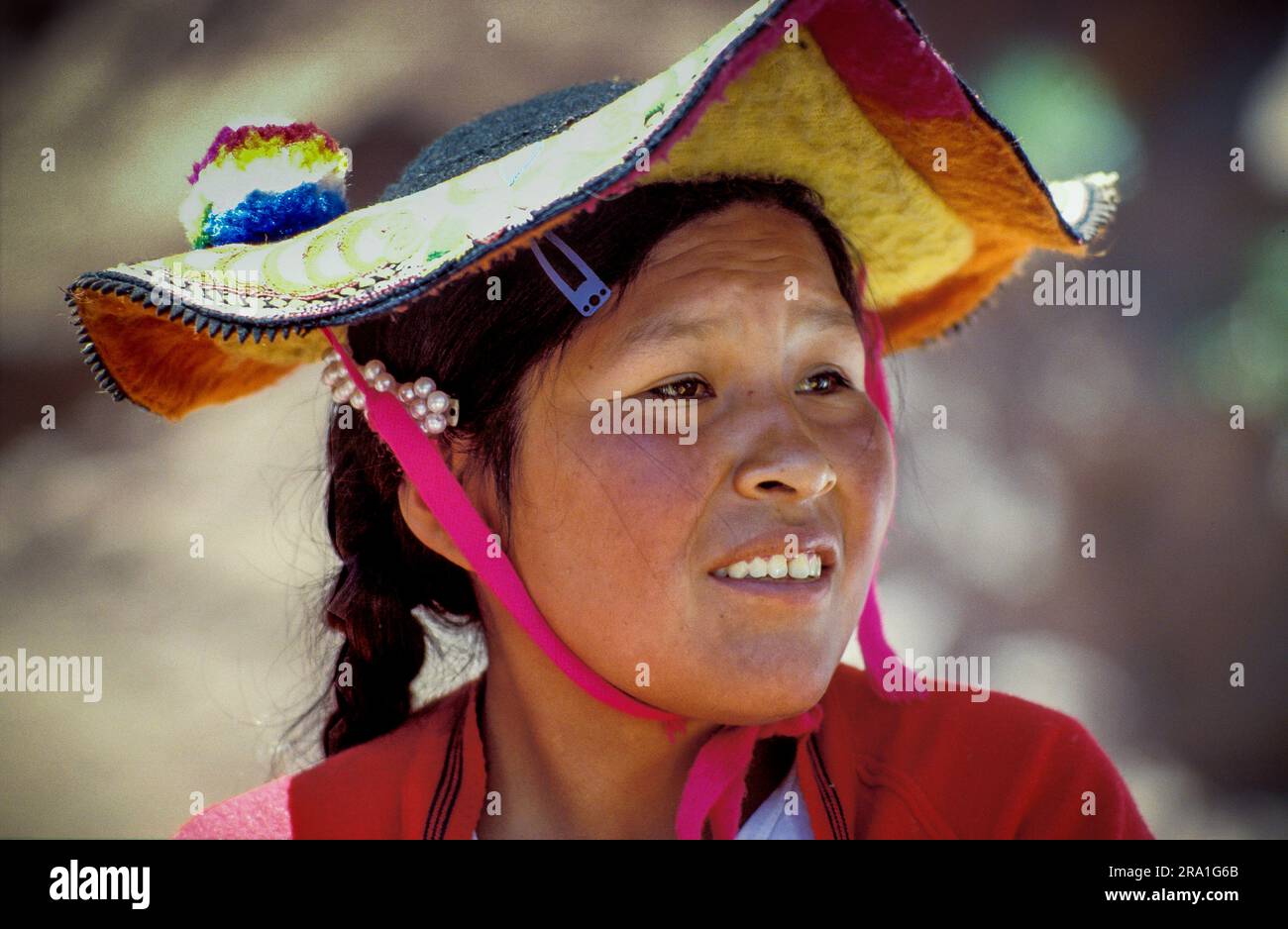 Peru, Titicaca Lake; Portrait of an indian woman in traditional ...