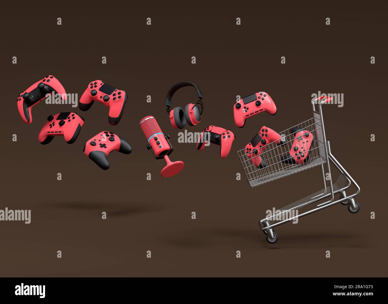 Flying gamer gears like mouse, keyboard, joystick, headset, VR Headset ...