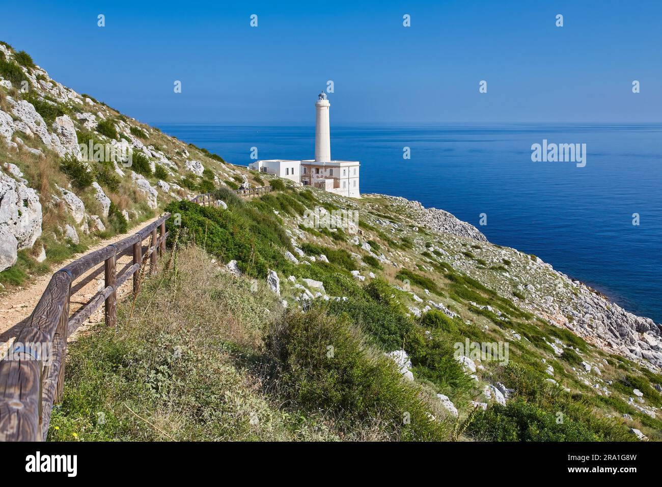 The lighthouse of Cape of Otranto in Apulia standing on hard granite ...
