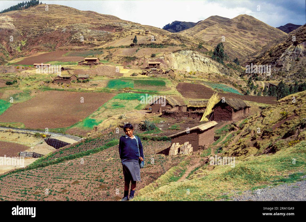 Peru, girl wearing uniform on her way to school from her rural village ...
