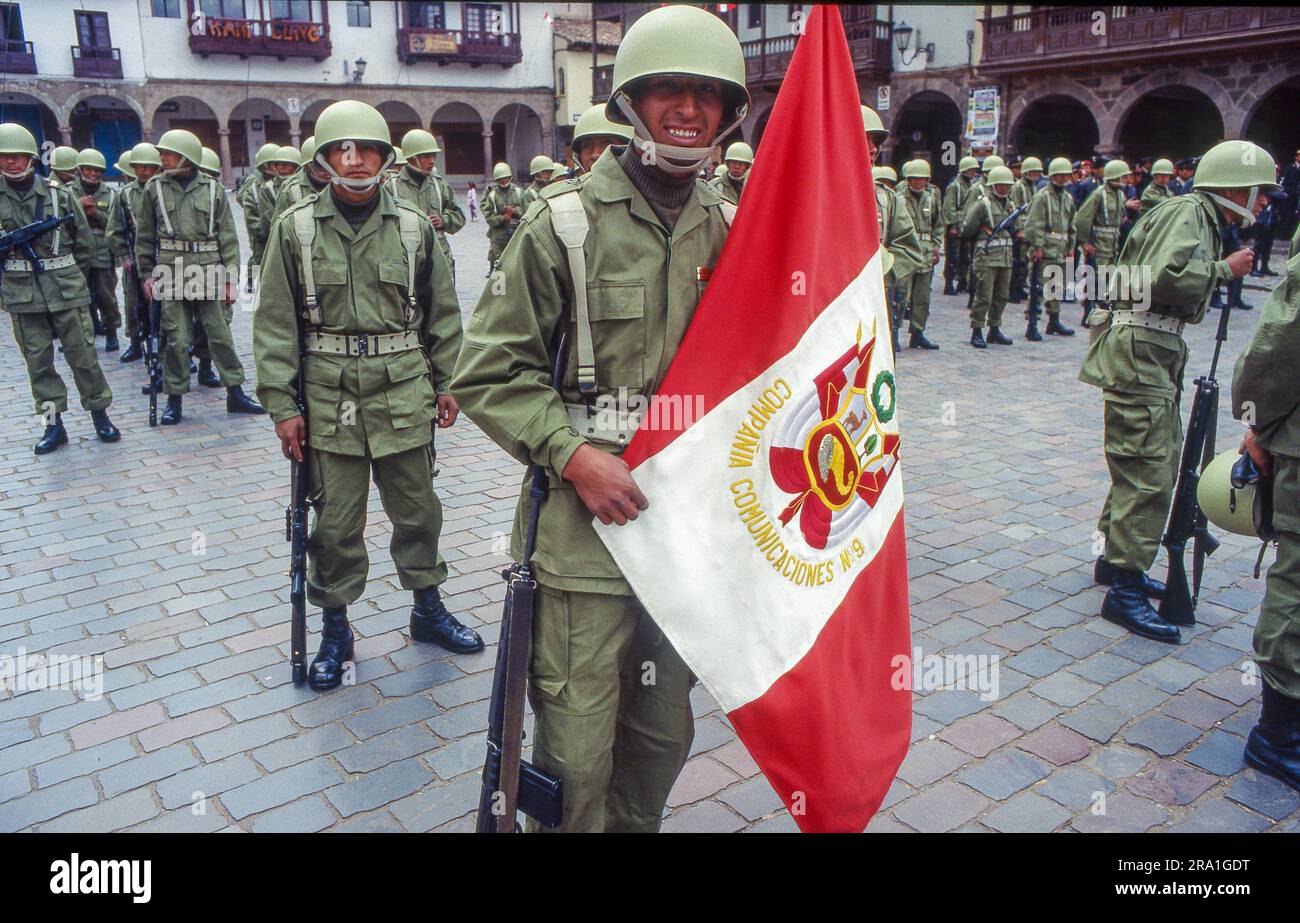 Peru, soldiers at rest before a parade in Cusco Stock Photo - Alamy