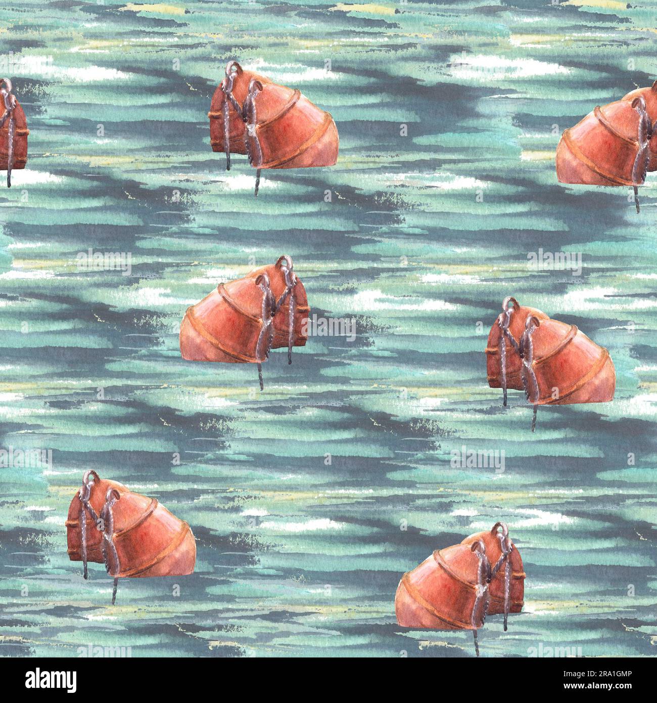 Watercolor maritime seamless pattern red buoys at sea Hand painted illustration on white ...