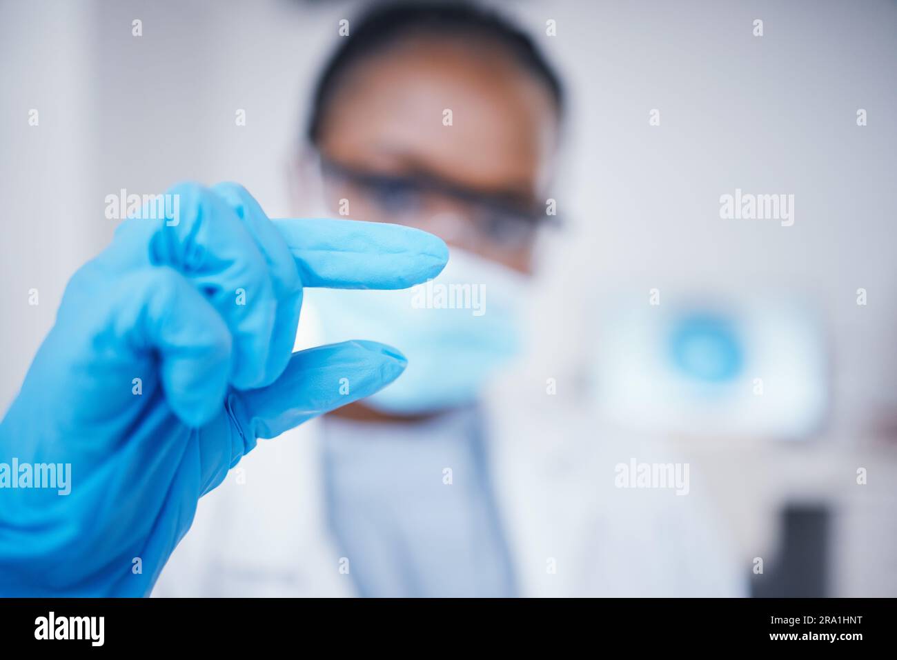 Laboratory, woman or hand of scientist with little sign for research ...