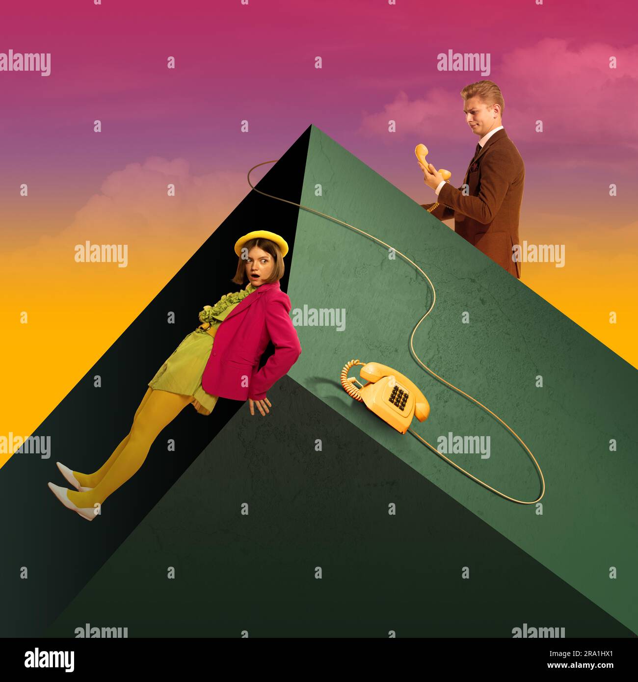 Communication. Stylish young woman and man over abstract colorful ...