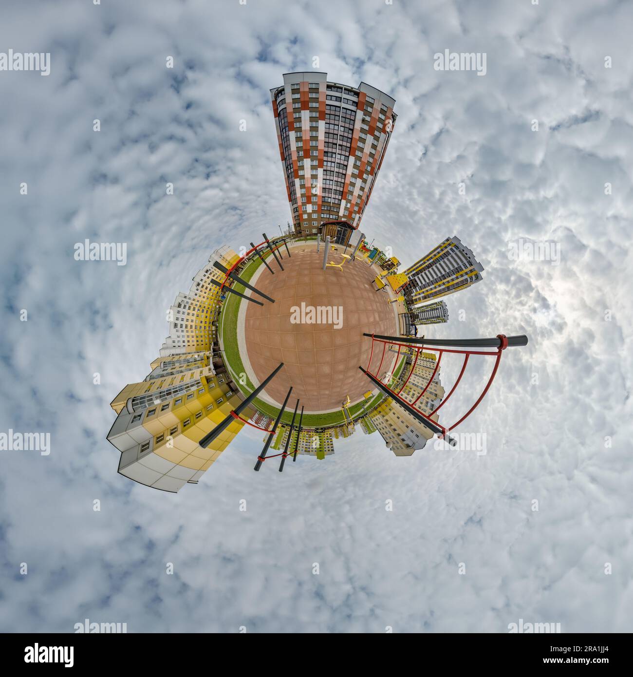 tiny planet in blue sky with clouds in city center near modern ...