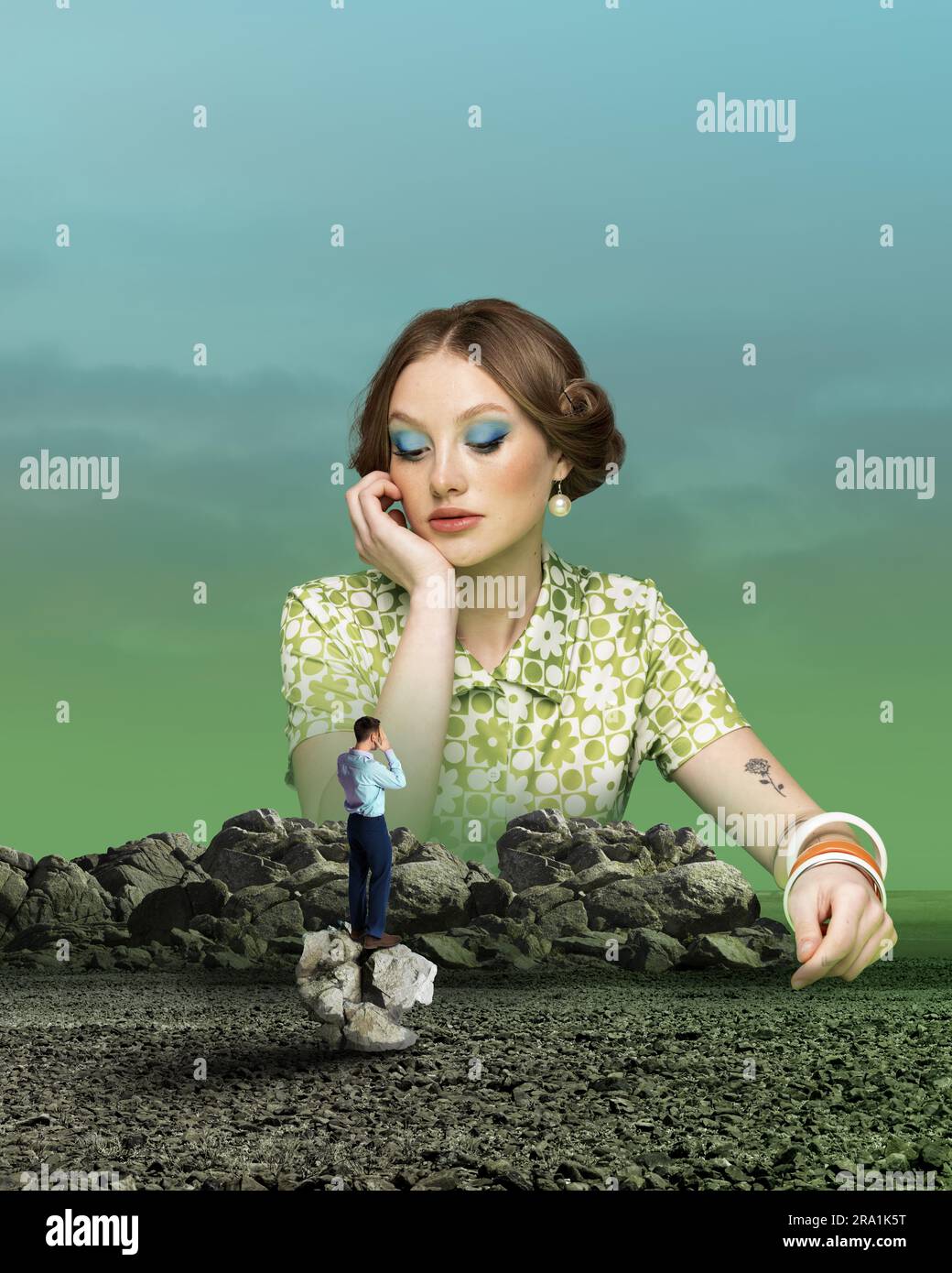 Making choice. Pretty, young woman looking at small silhouette of man ...