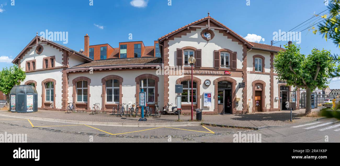 Obernai, France - 06 23 2023: Obernai train station. View of the train ...