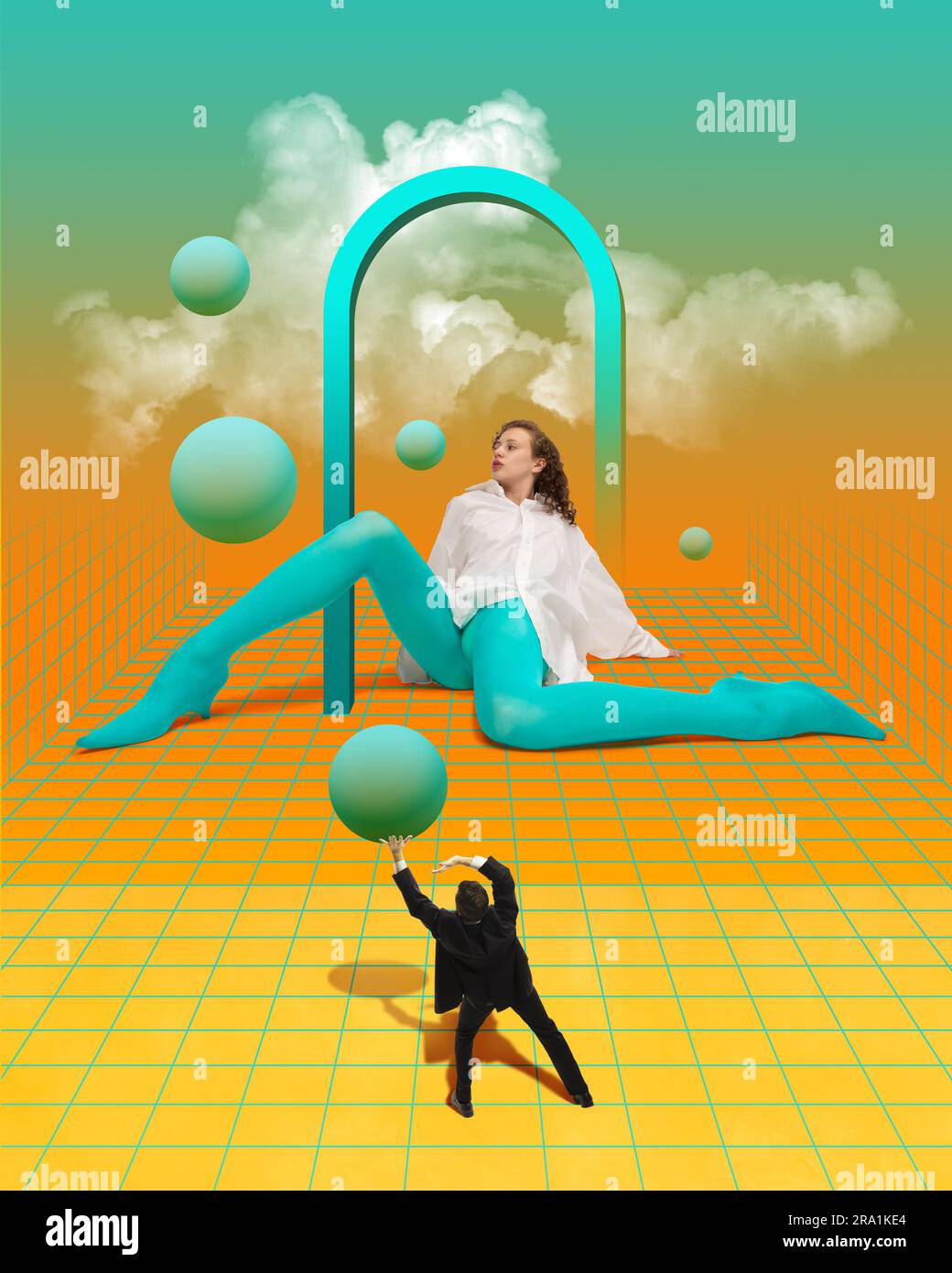 Abstract design with beautiful young woman and man over colorful ...