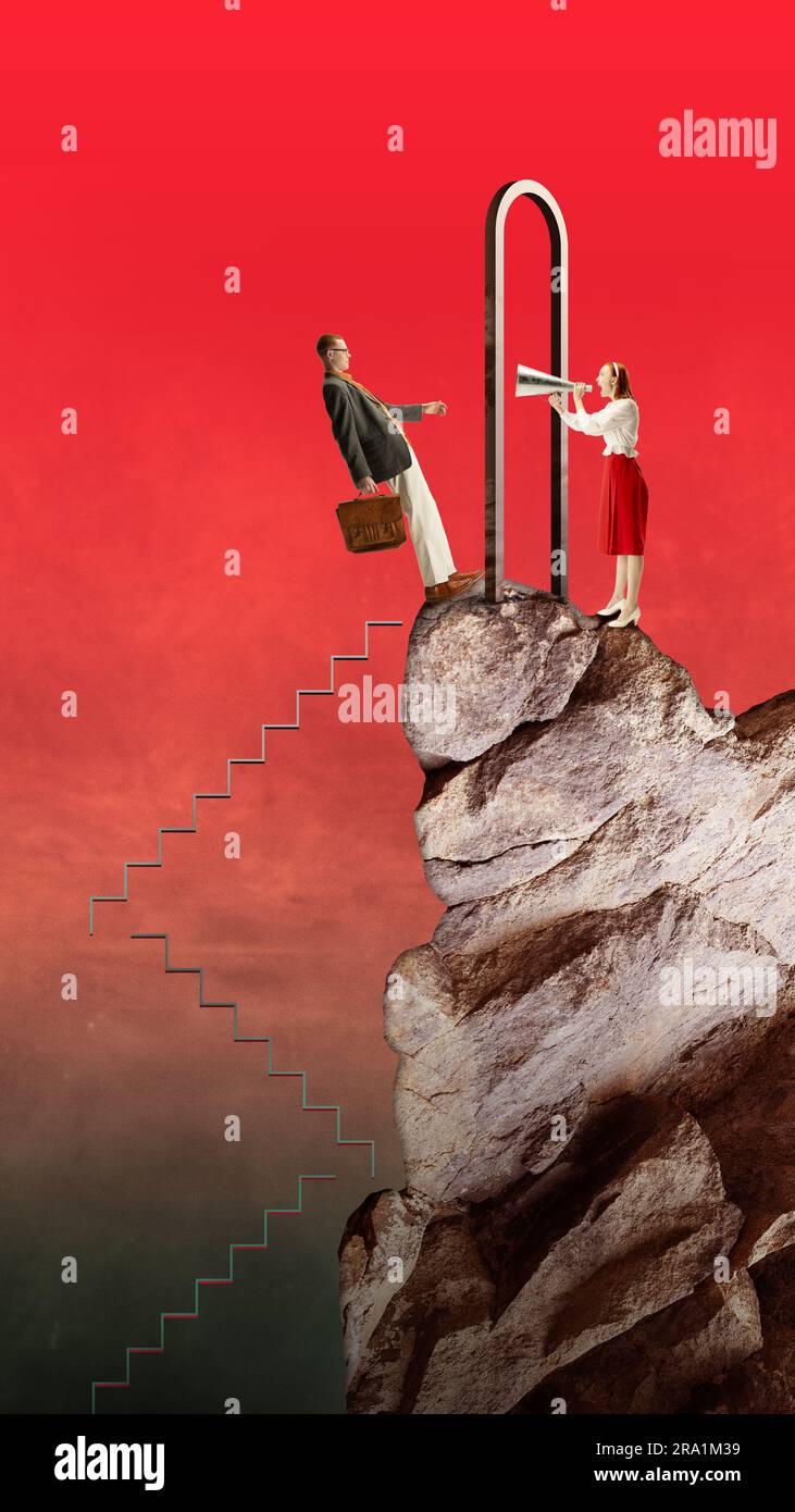 Rejection. Woman standing on rock and shouting in megaphone at man ...