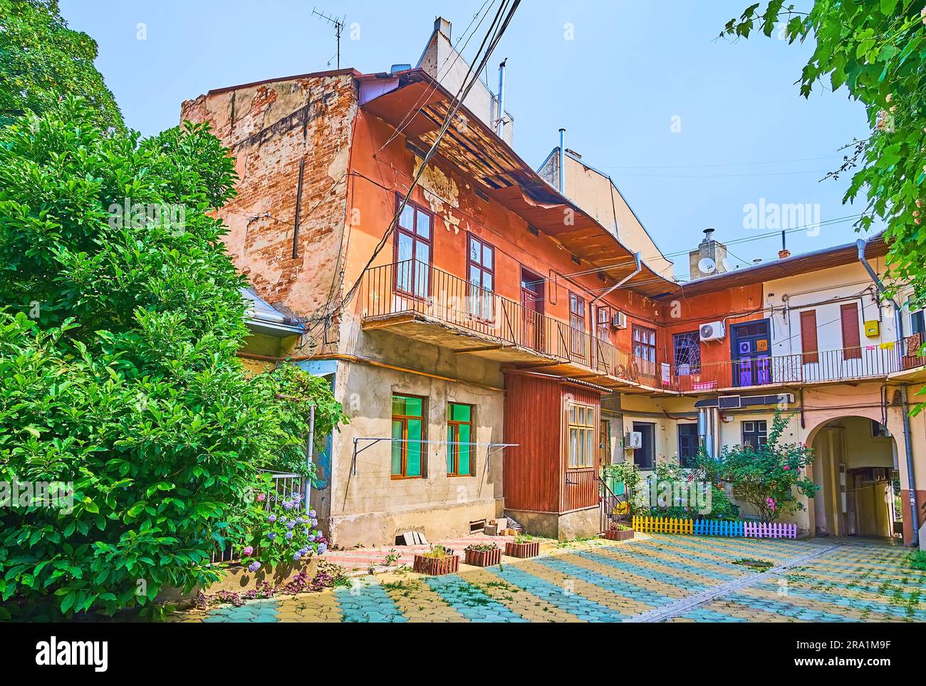 Explore the vintage courtyard with colorful housing, green plants in ...