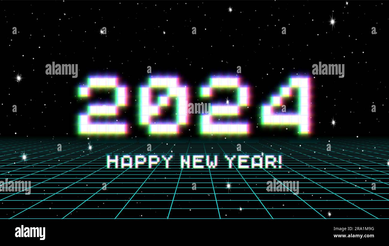 2024 New Year sign with glitched glowing pixels and grid. Winter holiday and year change symbol ...