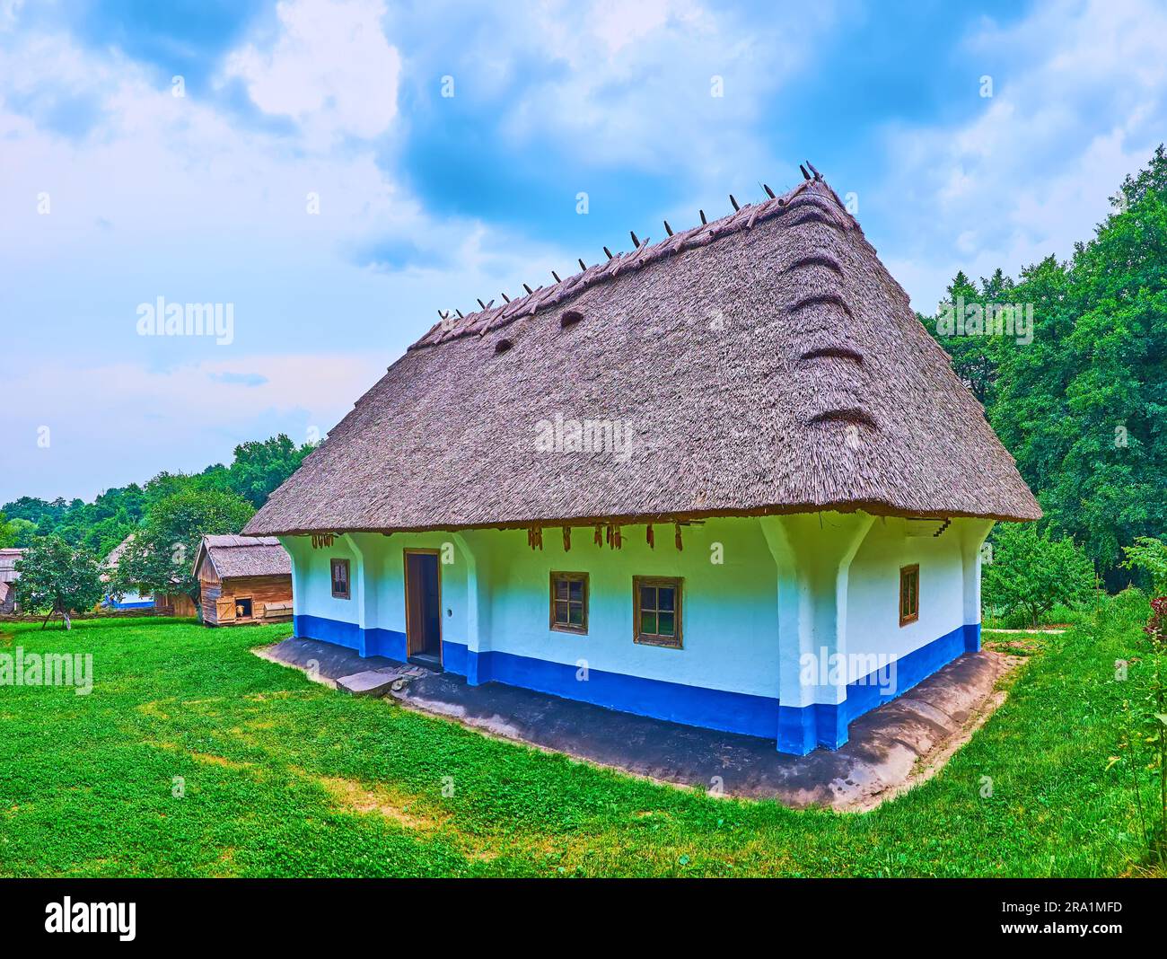 The old whitewashed Bukovinian hata house with thatched roof ...