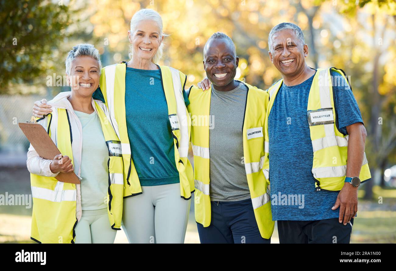 Clipboard, volunteering portrait and people in park for cleaning ...