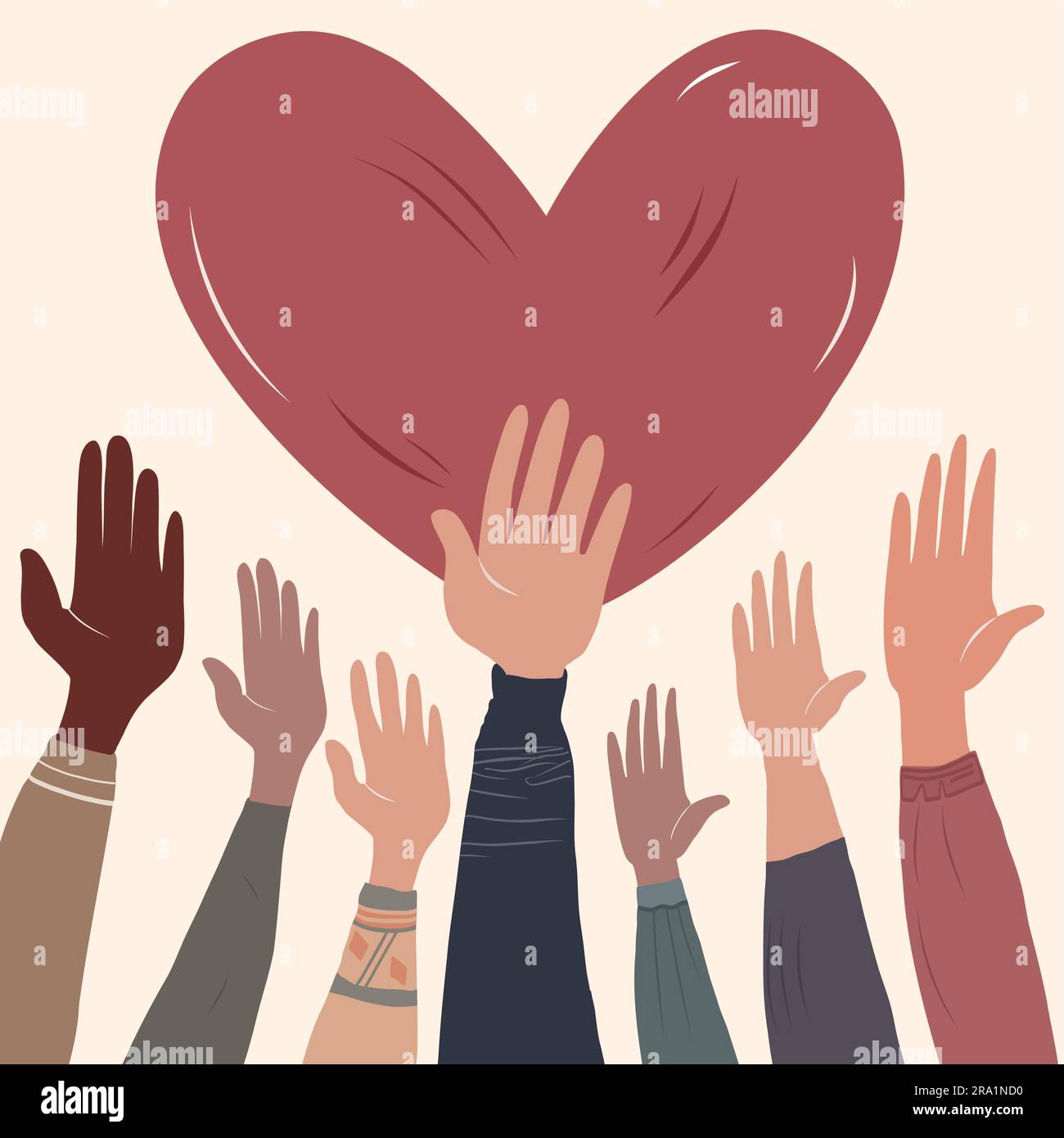 Poster with volunteer people with raised hands and background with red ...