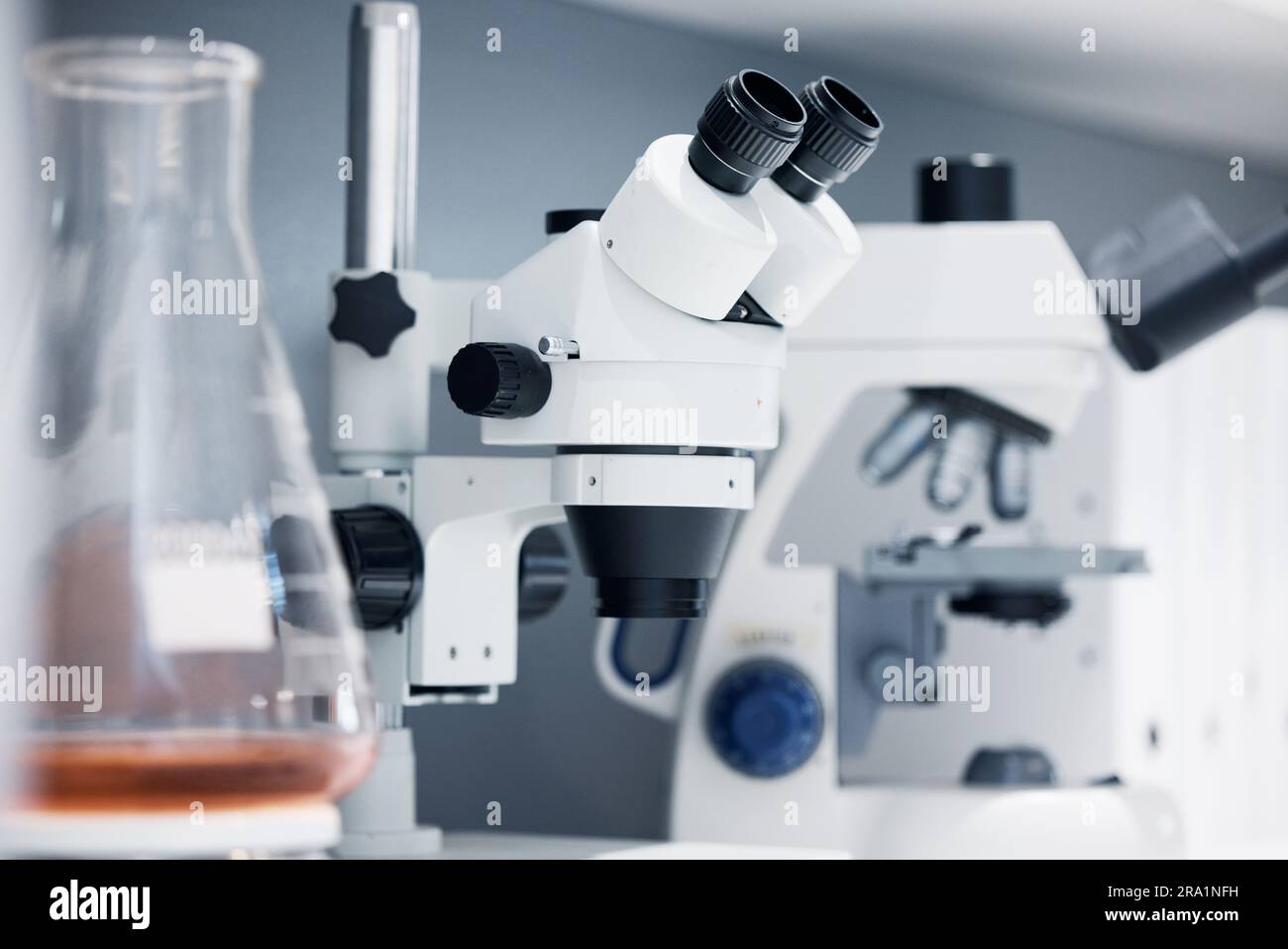 Science, laboratory and microscope with pharmaceutical test for ...
