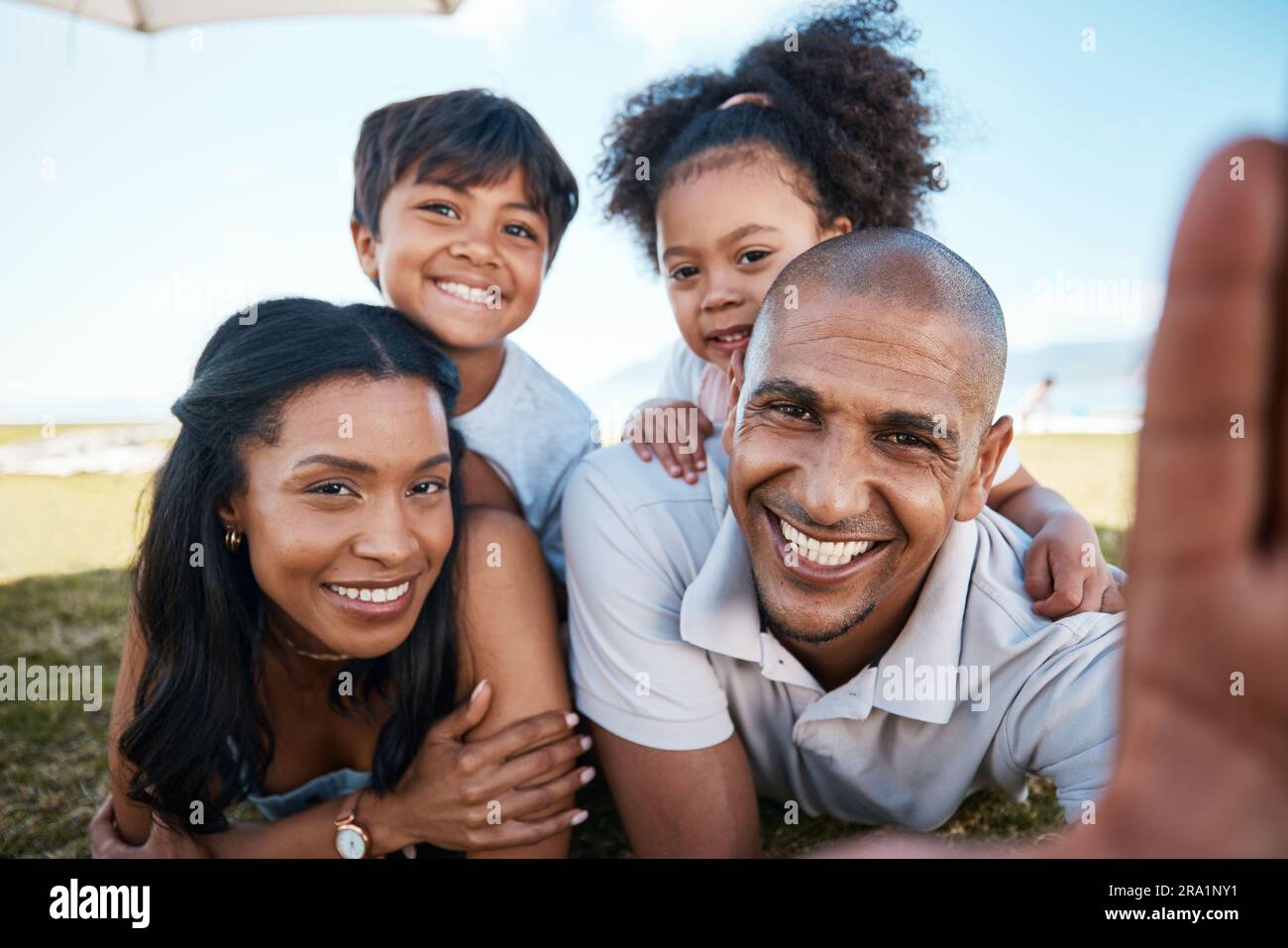 Smile, family selfie and portrait outdoor on vacation, holiday or ...