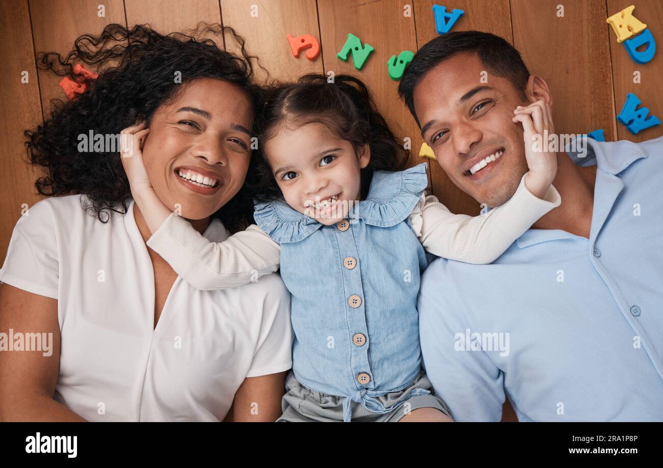 Happy, love and above portrait of a family with care, relax and bonding ...