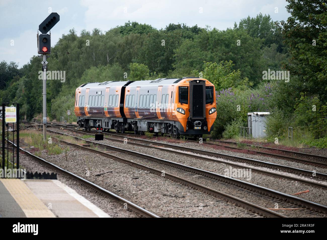 West Midlands Railway class 196 diesel train arriving at Leamington Spa ...