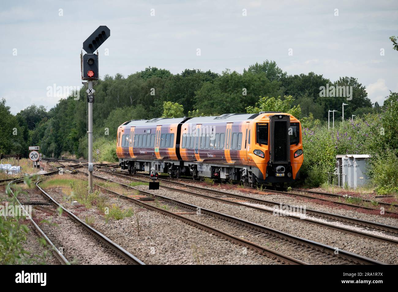 West Midlands Railway class 196 diesel train leaving Leamington Spa ...