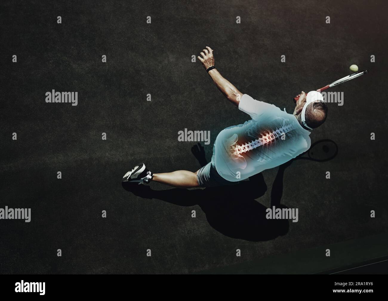 Tennis player man, back pain and game for fitness with red glow overlay ...