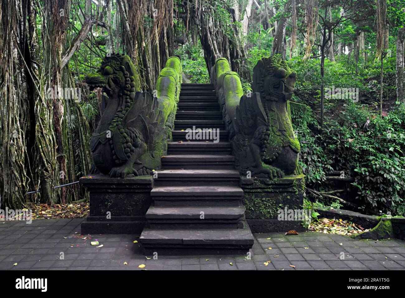 ancient bridge covered in moss with rock carving Stock Photo - Alamy