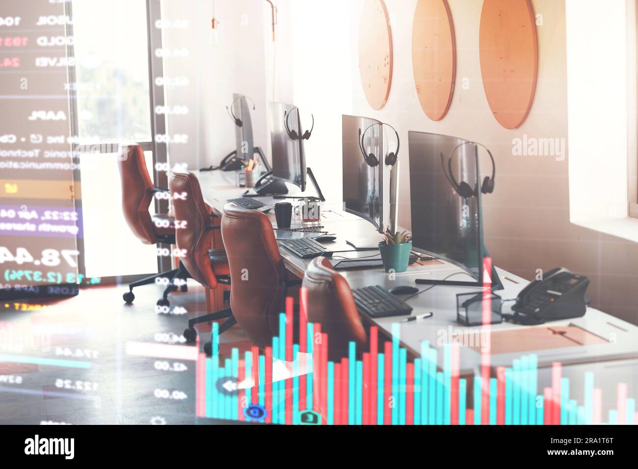 Overlay, call center and empty workplace desk for service, consulting ...