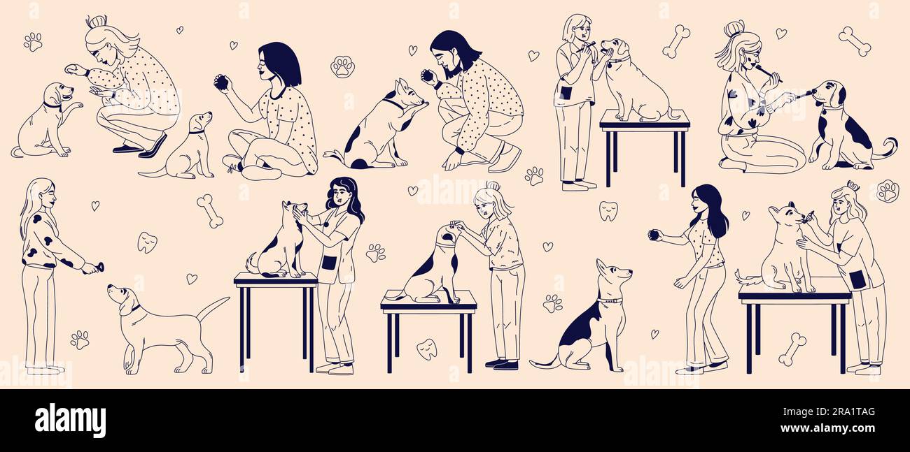 Set of people caring for dogs' teeth. Owners and veterinarians. Dog ...