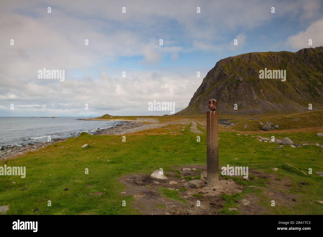 Statue on the empty coast in Eggum, Lofoten Islands, Norway Stock Photo ...