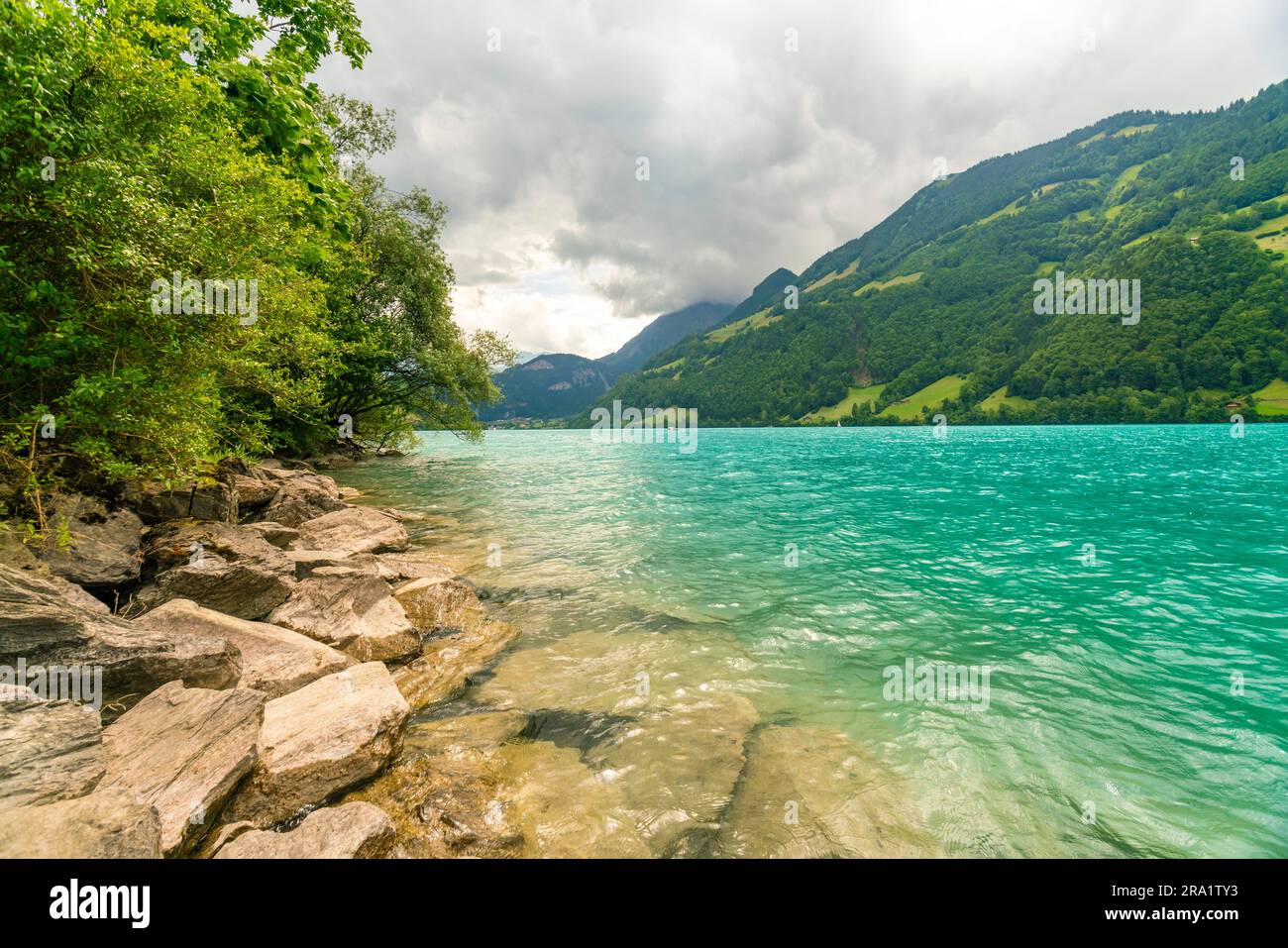 Lake Lungern in summer with blue green clean water, Switzerland Stock ...