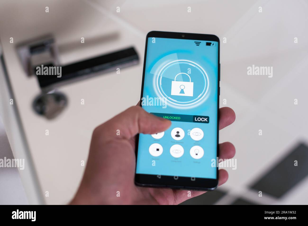 smart house, home automation, device with app icons. Man uses his ...