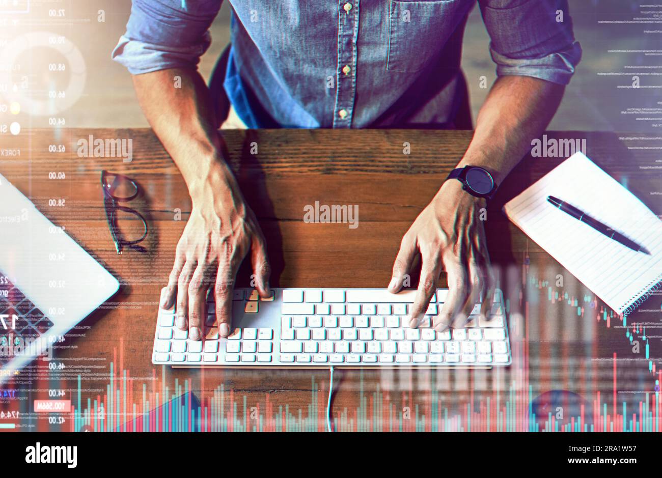 Overlay Man Typing On Keyboard With Digital Hologram And Social Network Connection For Online