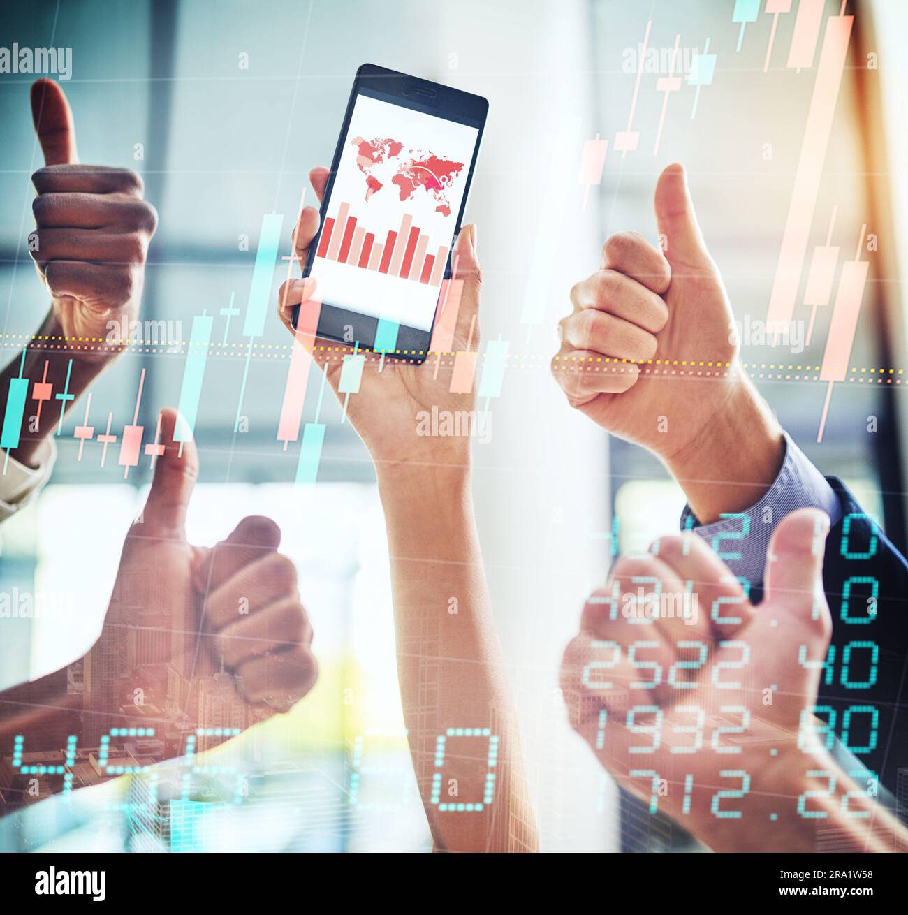 Phone screen, overlay and people data, graphs or charts and thumbs up ...