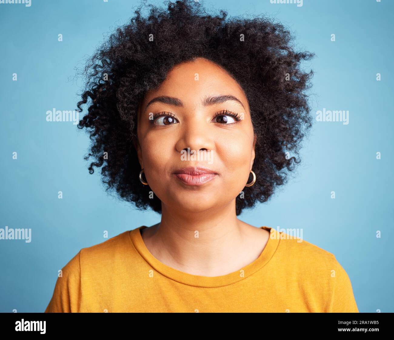 Funny, comic and a portrait of a woman on a blue background for emoji ...