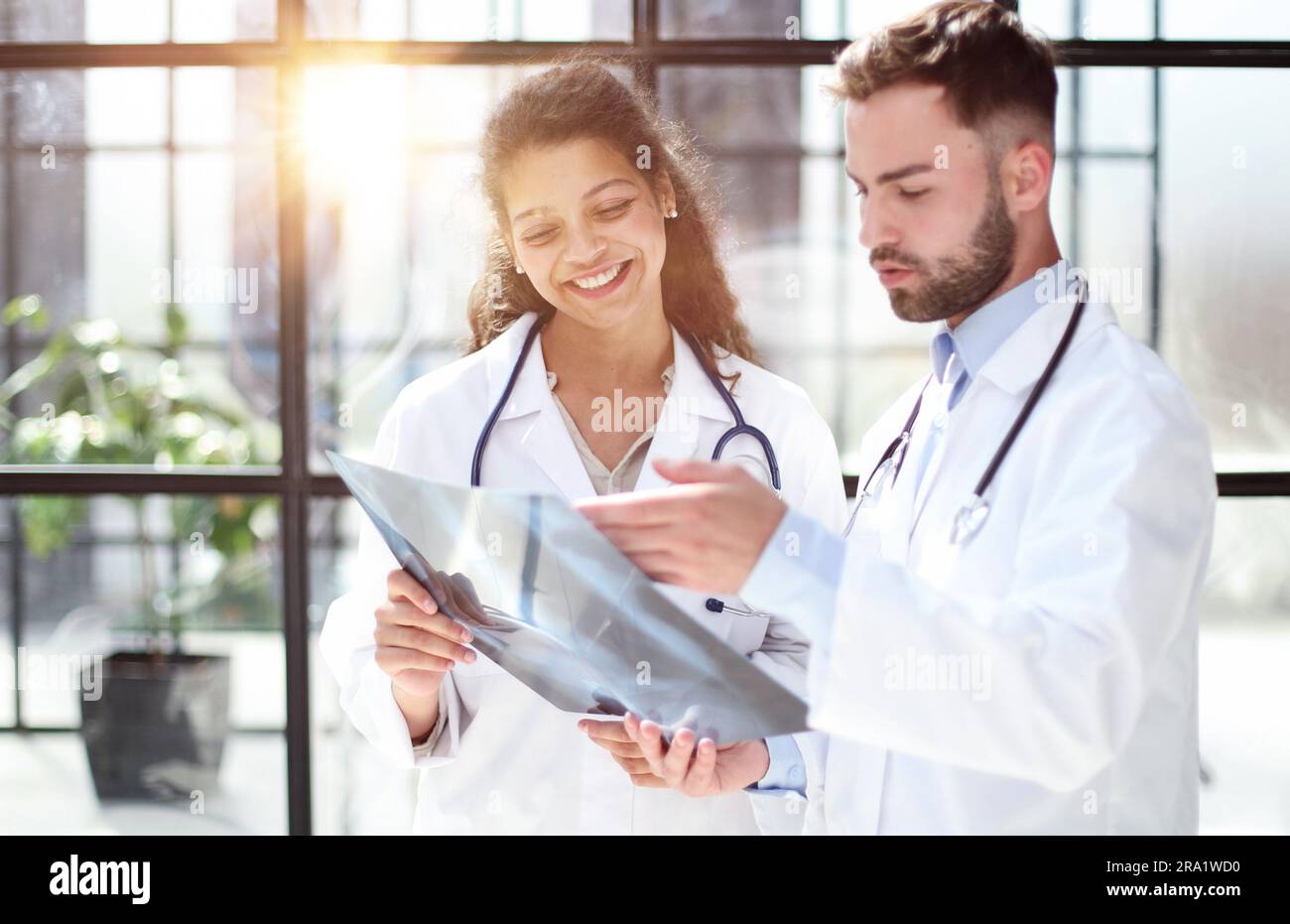 Two busy doctors working with papers and xray images Stock Photo - Alamy