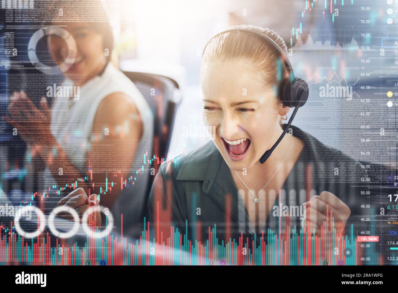 Call center, winning and woman in overlay data, graphs analytics and ...