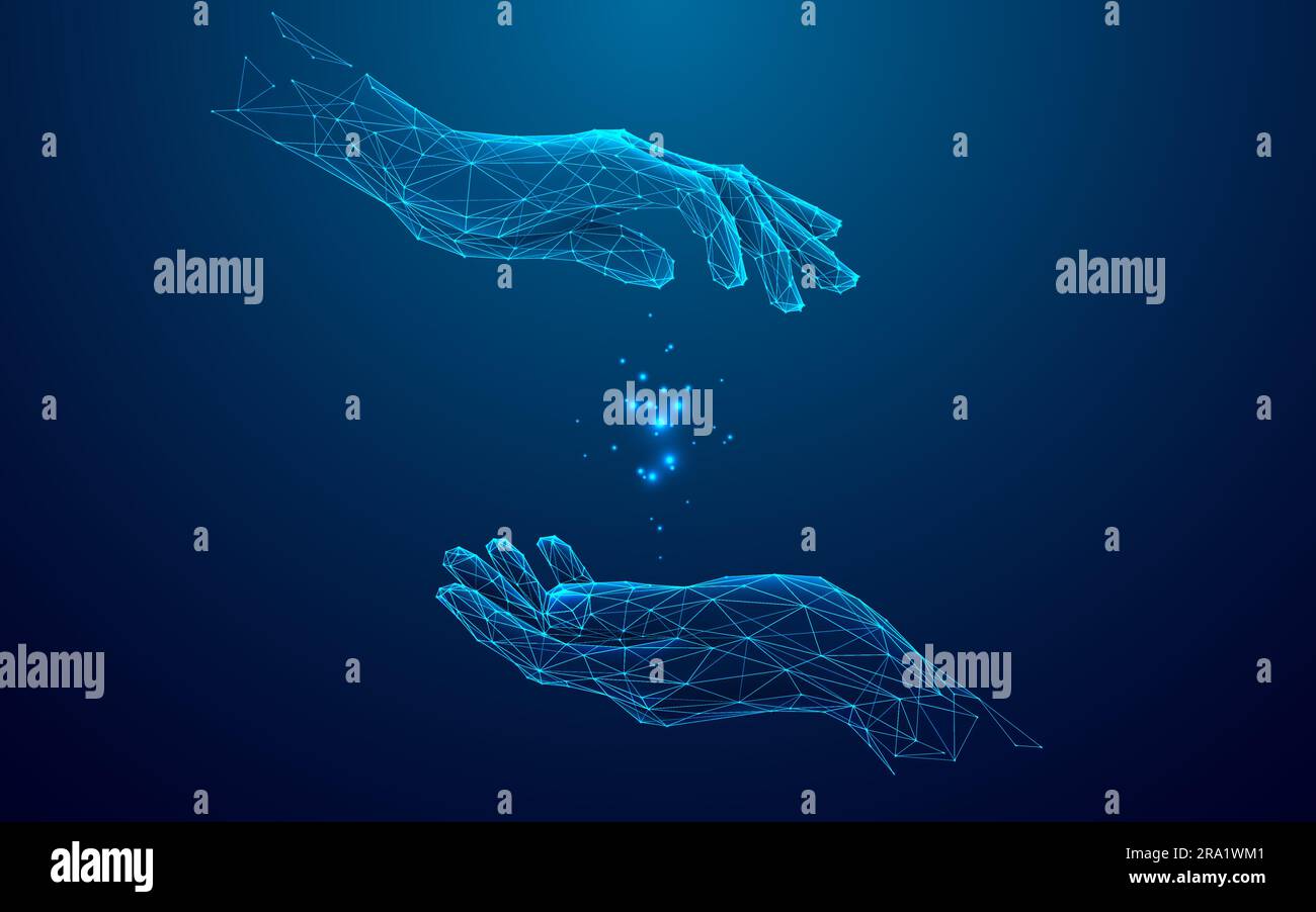 Two Digital Hands Holding Something. Blue Low Poly Wireframe Stock ...