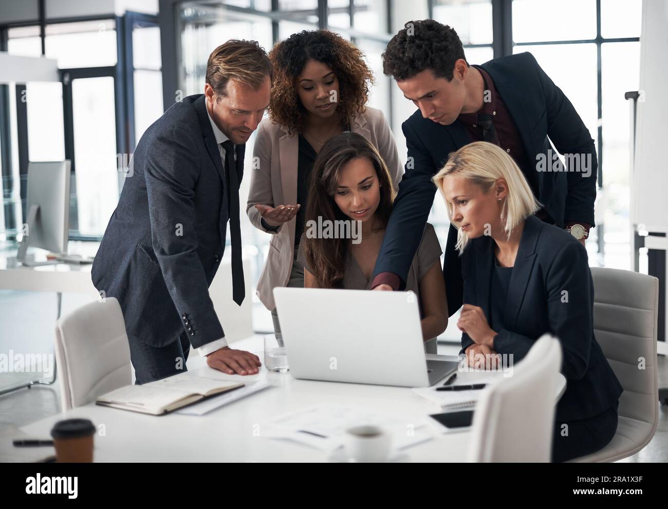 Business people, meeting with laptop and idea, coaching and planning in ...