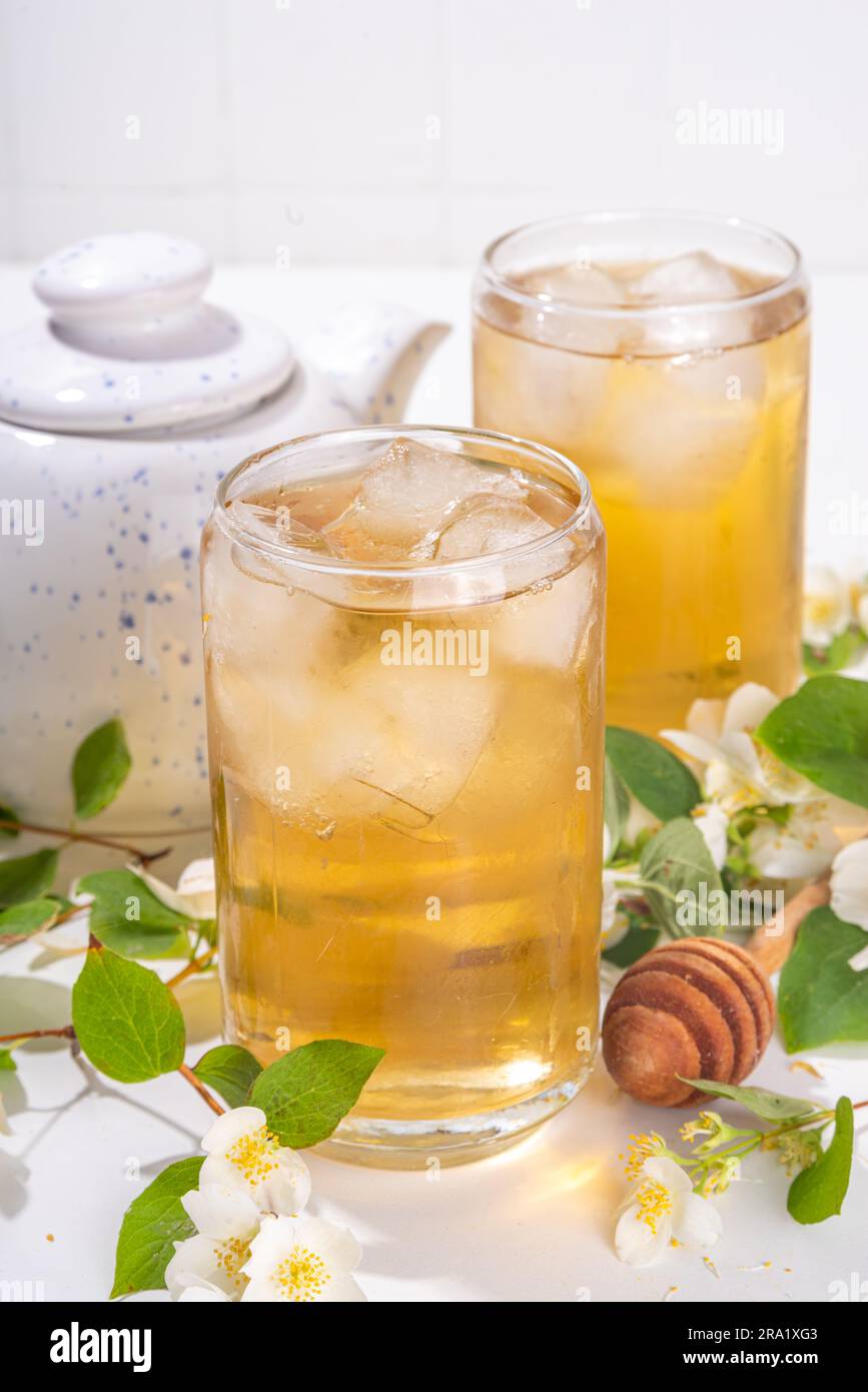 Organic herbal health summer cold drink. Jasmine flowers green tea, in ...