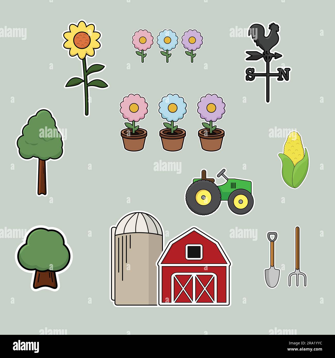Vector illustration set of farm items with corn and tractor Stock ...