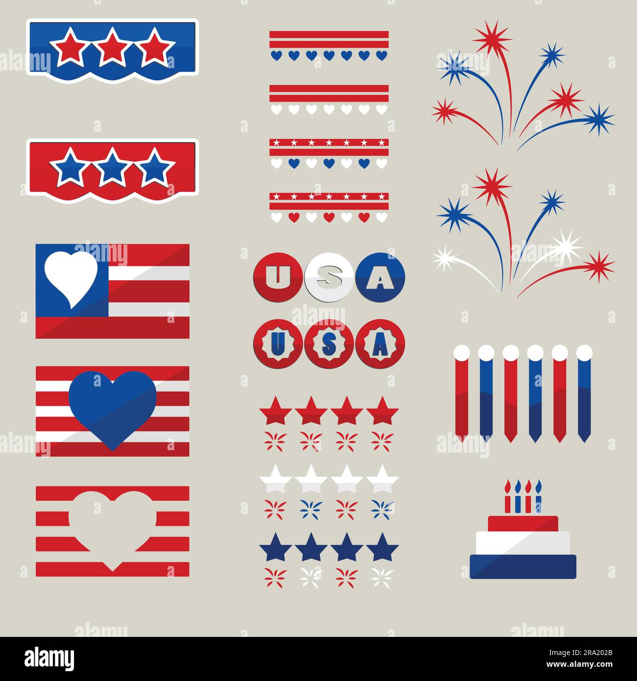 Collection of vector illustrated American Independence Day celebration icons, patriotic, red ...