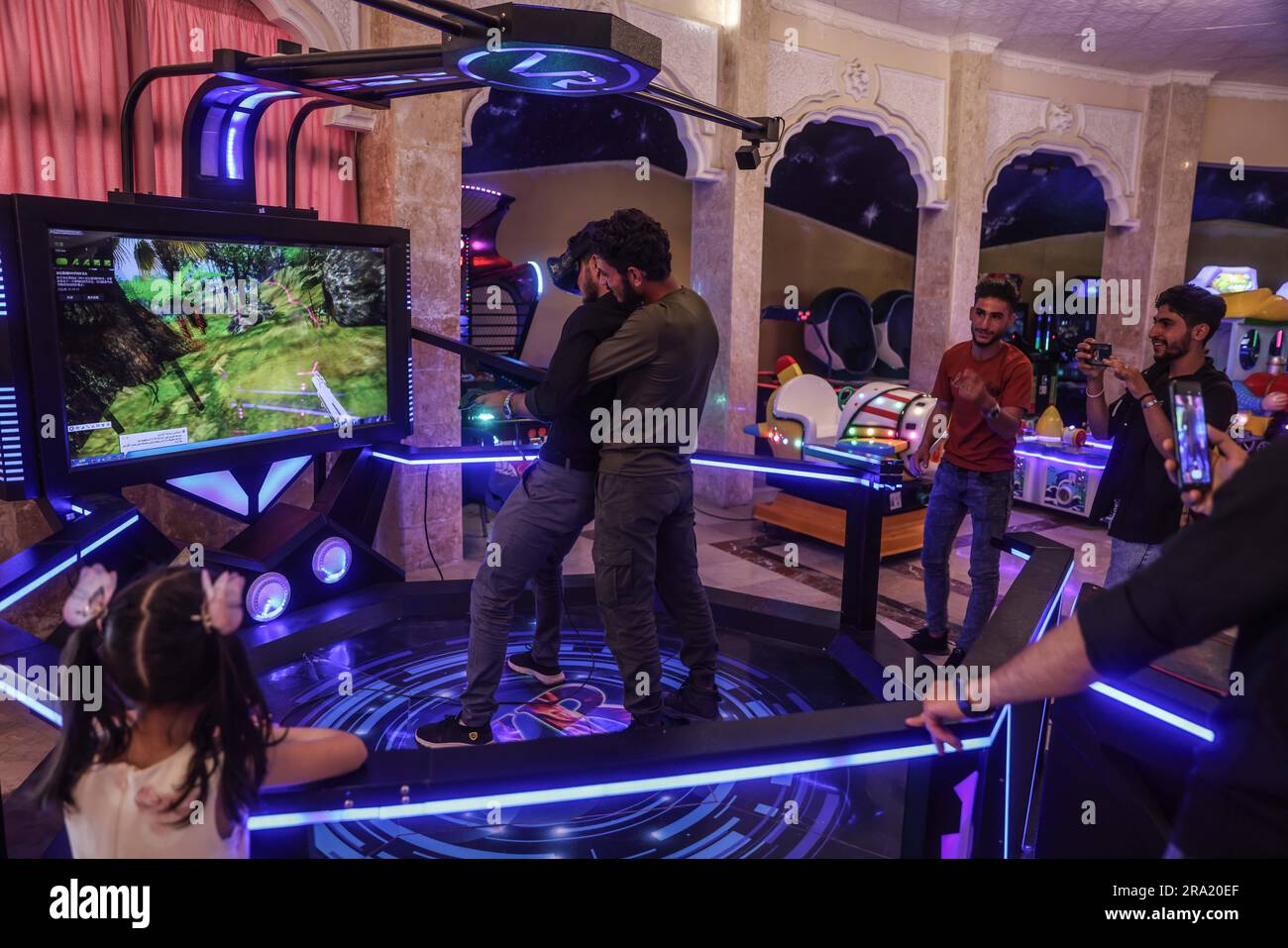 Idlib, Syria. 29th June, 2023. Syrian youths play video games at the ...