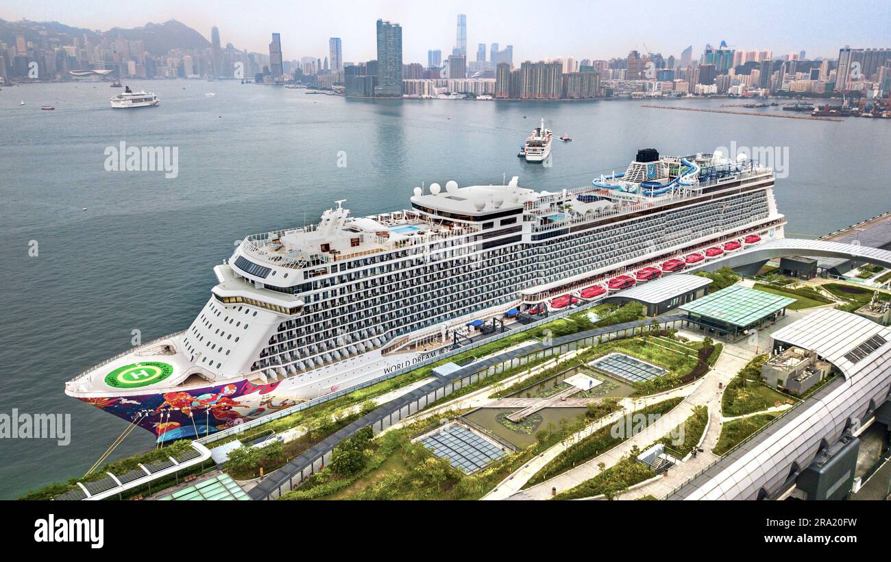 Aerial drone view of the giant cruise ship World Dream docked in Hong ...