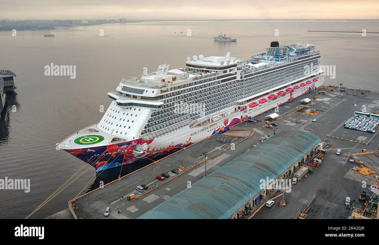 Aerial drone view of the giant cruise ship World Dream docked in Manila ...